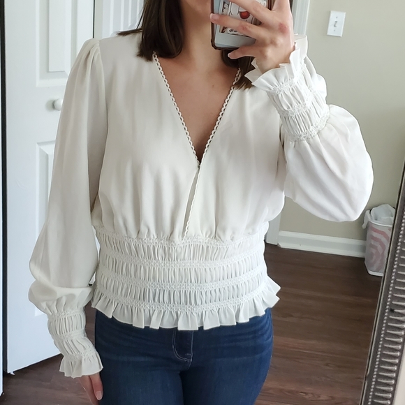 Wayf | Tops | Wayf Deep V White Long Sleeve Blouse With Sinched Waist ...